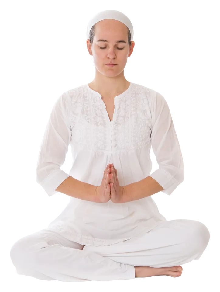 Easy Pose, Eyes Closed, Hands Navel Point Level, Palms Together